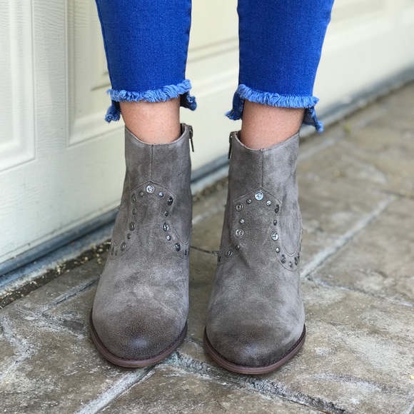 Anthropologie | Shoes | Taupe Metal Studs Distressed Heeled Ankle ...